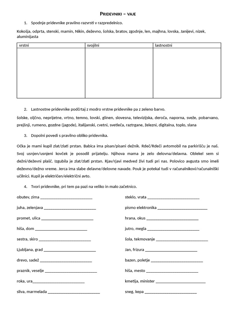 Pridevniki Vaje | PDF