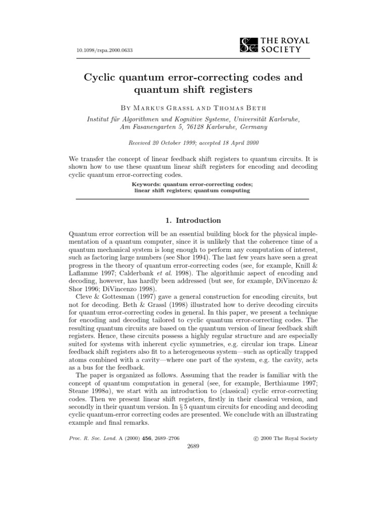 Grassl Beth 2000 Cyclic Quantum Error Correcting Codes and Quantum Shift Registers | PDF ...