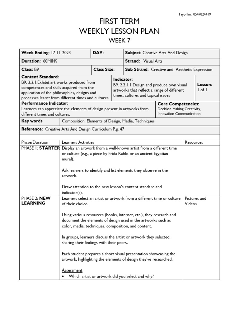 Creative Arts Lesson Plan for B9 | PDF | The Arts | Creativity
