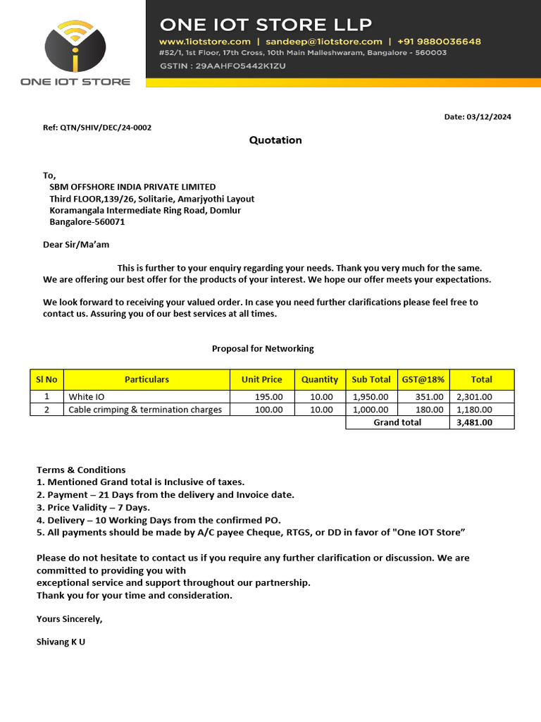02.Quote 0002(Networking)SBM OFF SHORE as on 03.12.2024 | PDF