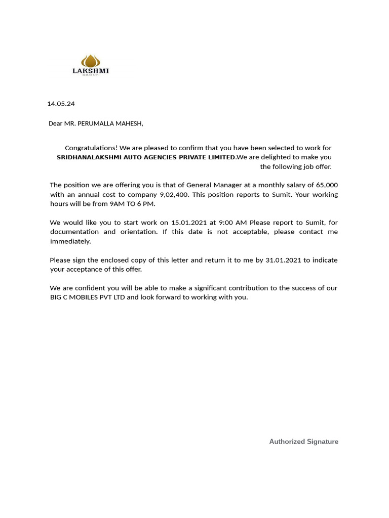 Job Offer for General Manager Position | PDF