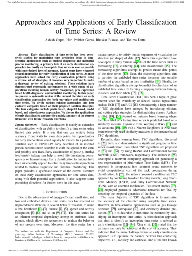 Approaches and Applications of Early Classification | PDF | Time Series | Statistical Classification