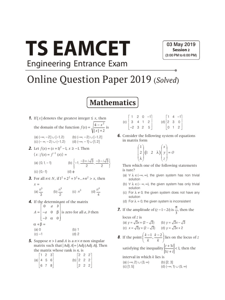TS EAMCET Solved Paper 03 May 2019 Shift 2 | PDF | Circle | Ellipse