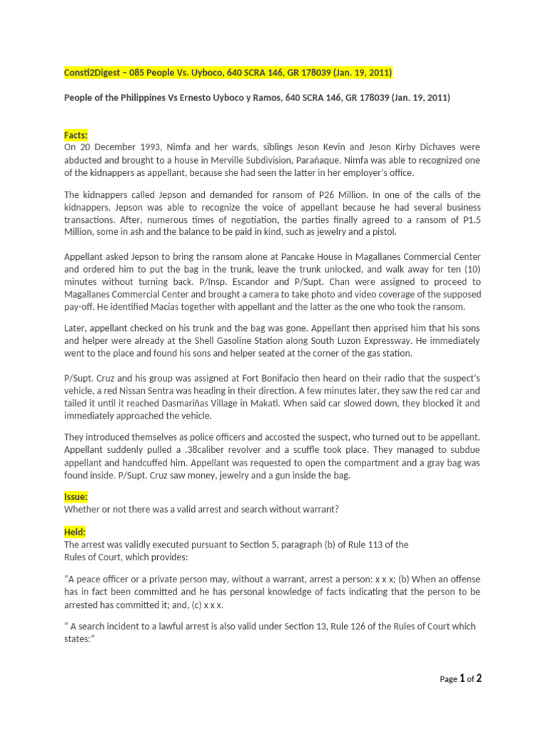 Consti2Digest 085 People Vs Uyboco 640 S | PDF | Probable Cause ...