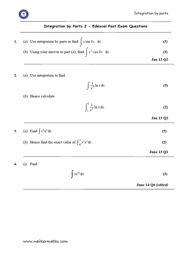 Integration by Parts Exam Questions | PDF