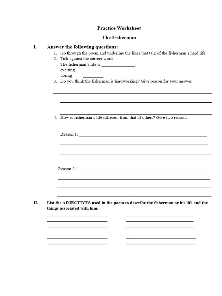 Fisherman Poem Analysis Worksheet | PDF