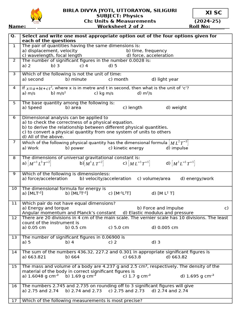 Physics Worksheet: Units & Measurements | PDF | International System Of ...
