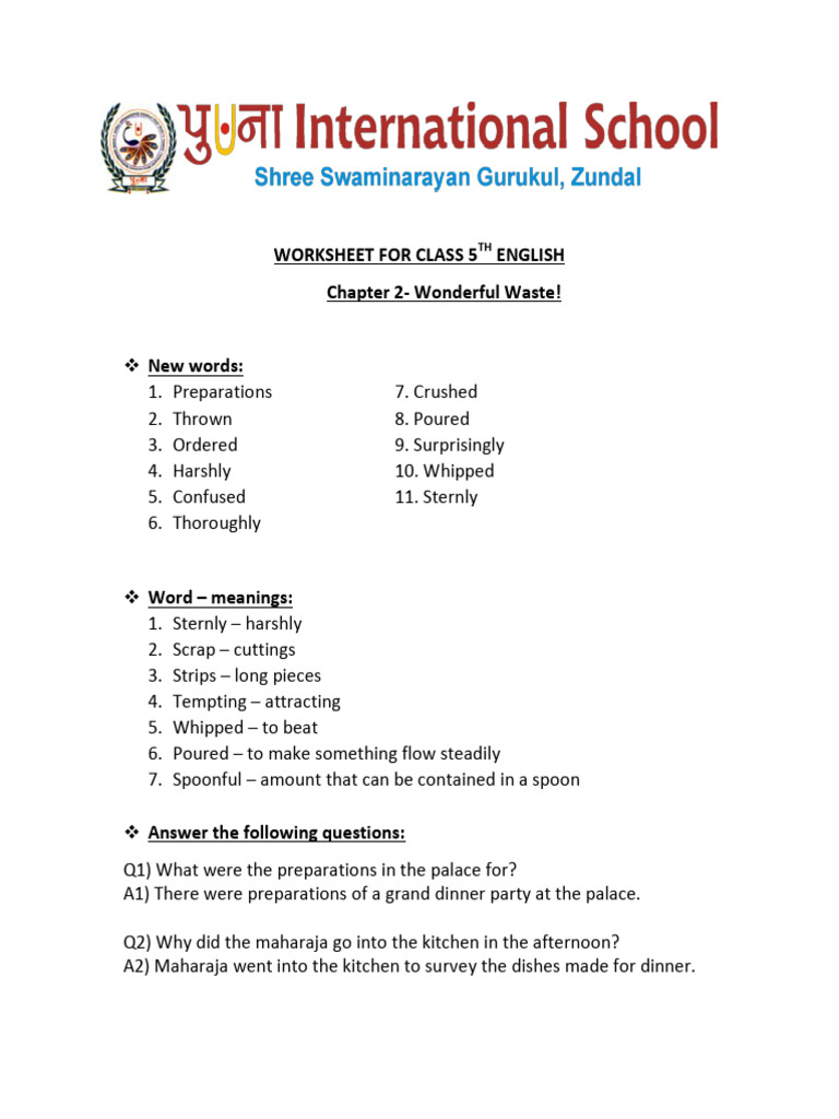 5th Grade English Worksheet: Wonderful Waste | PDF | Curry | Foods