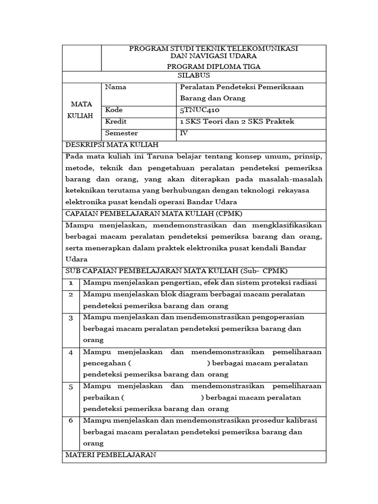 Silabus Peralatan Pendeteksi Pemeriksaan Barang dan Orang | PDF