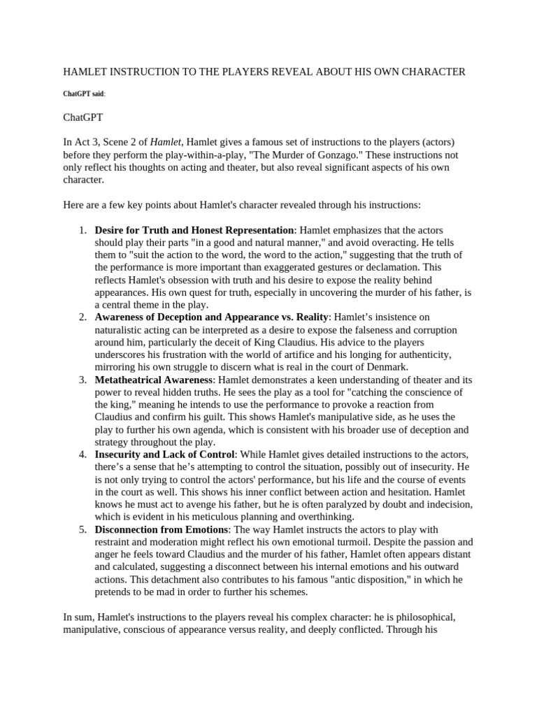 HAMLET INSTRUCTION TO THE PLAYERS REVEAL ABOUT HIS OWN CHARACTER | PDF ...