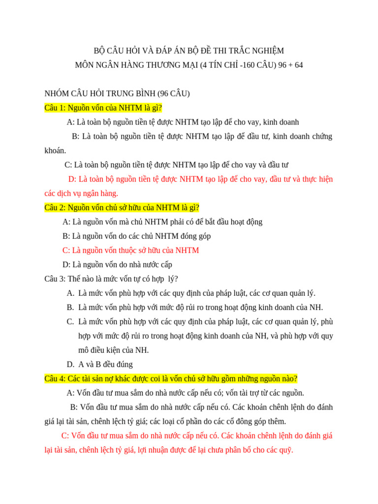 BỘ ĐỀ TRẮC NGHIỆM NHTM 4TC (MỚI - SV) | PDF