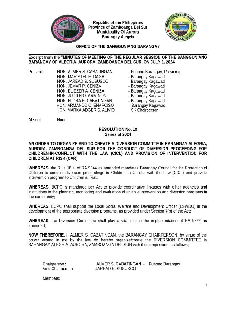 RESOLUTION Creation of Diversion Committee - Aurora | PDF | Justice ...