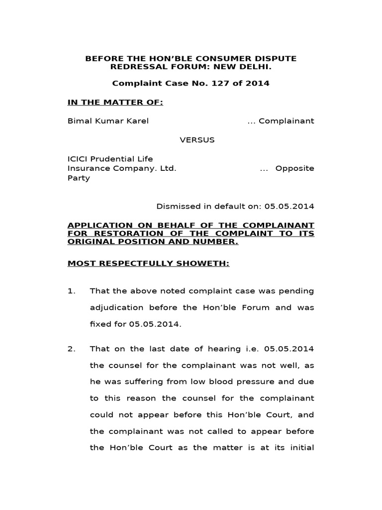 Restoration Application Due To Health - Bimal Kumar Karel vs. Icici Prudential | PDF | Affidavit ...