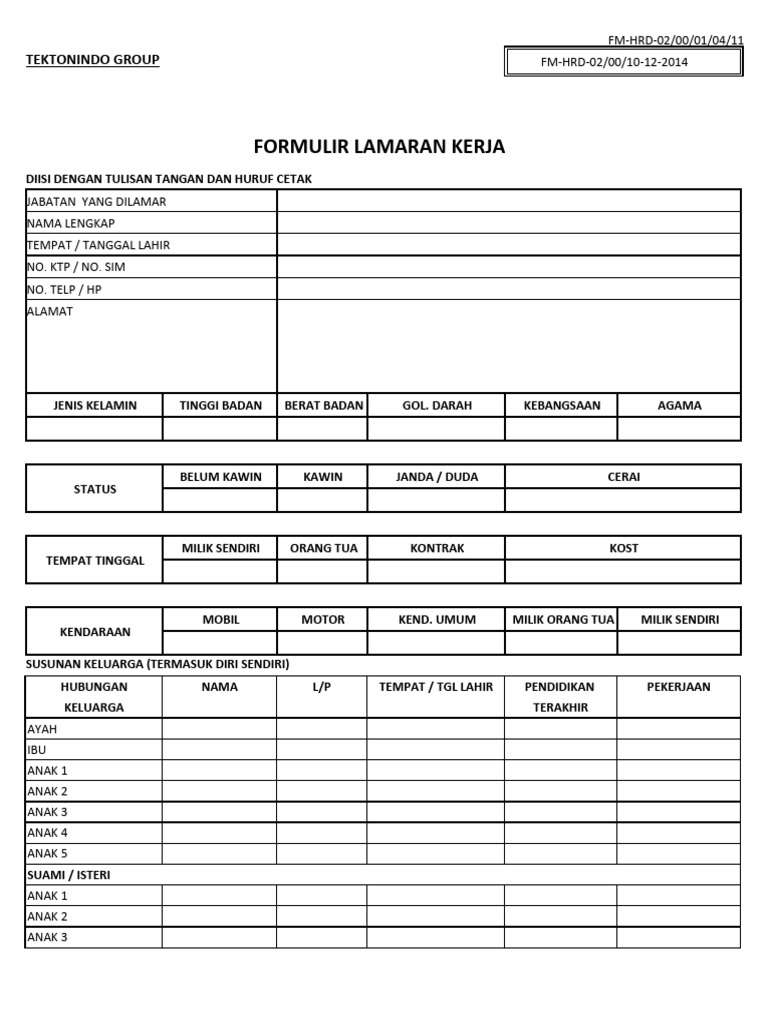 FORM LAMARAN KERJA TEKTONINDO GROUP Up Date | PDF