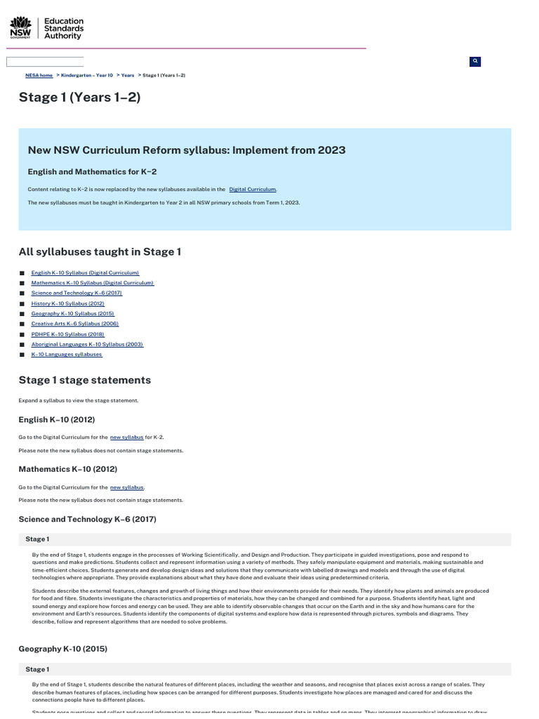 Stage 1 Years 1 2 NSW Education Standards | PDF | Time | Information