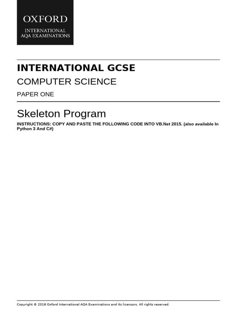 Gcse Computer Science Paper 1 Skeleton Program Mock Without Solutions ...