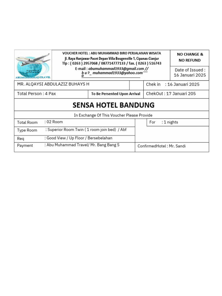 Voucher Hotel Abu Muhammad SENSA 16-17 Jan 2025. | PDF