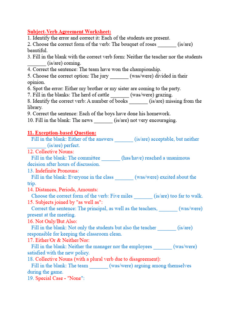 Subject Verb Agreement Mastery Complete Question Set For Class 10 ...