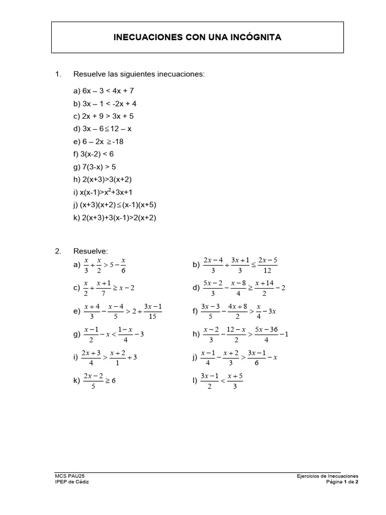 2 - Ejercicios de Inecuaciones | PDF