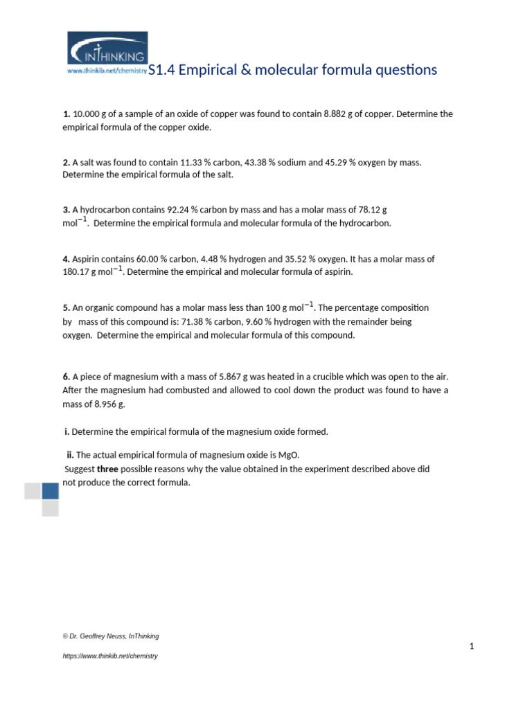 S1.4 Empirical - Molecular Formula Questions | PDF