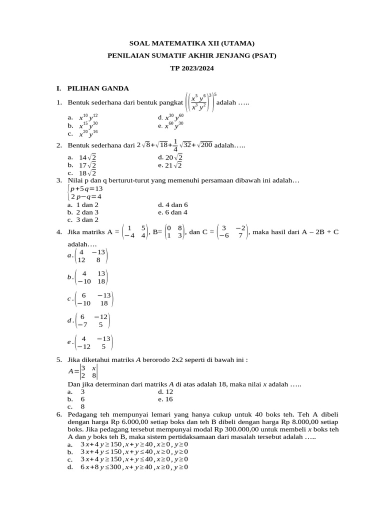 2. Soal Matematika Psaj Utama Tp 2023-2024 | PDF