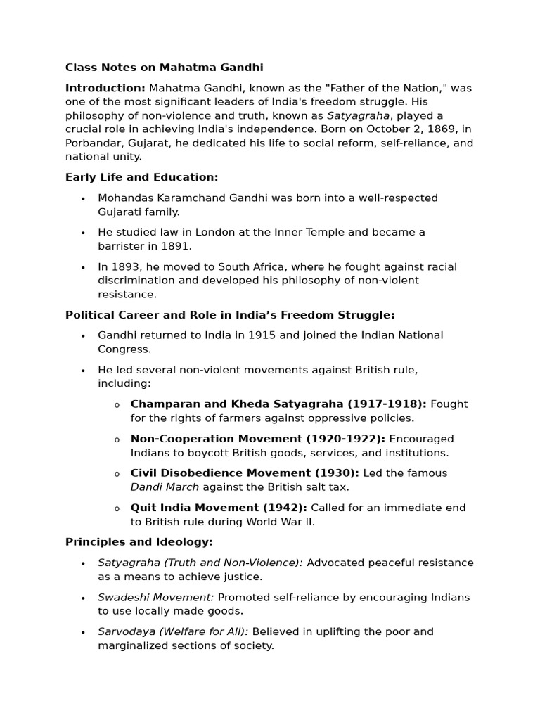 Gandhiji Notes | PDF | Mahatma Gandhi | Nonviolence