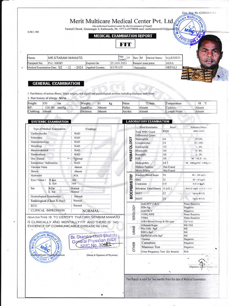 Medical Exam Report for Sitaram Mahato | PDF | Medical Specialties