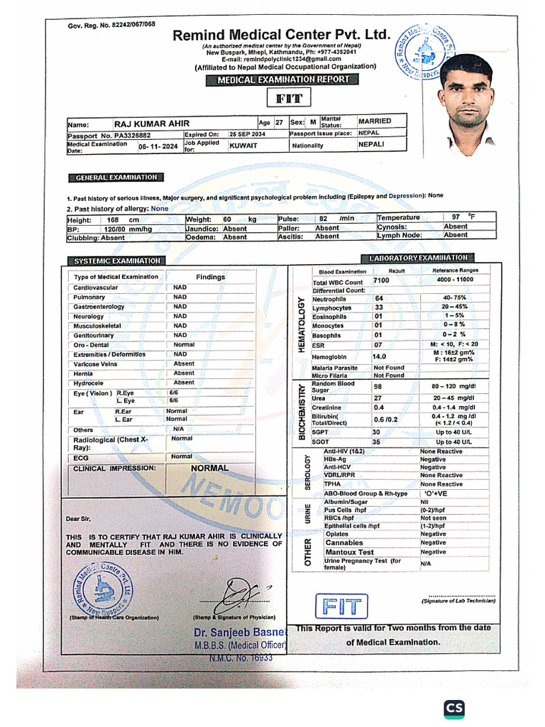 Raj Kumar Ahir Medical Report | PDF