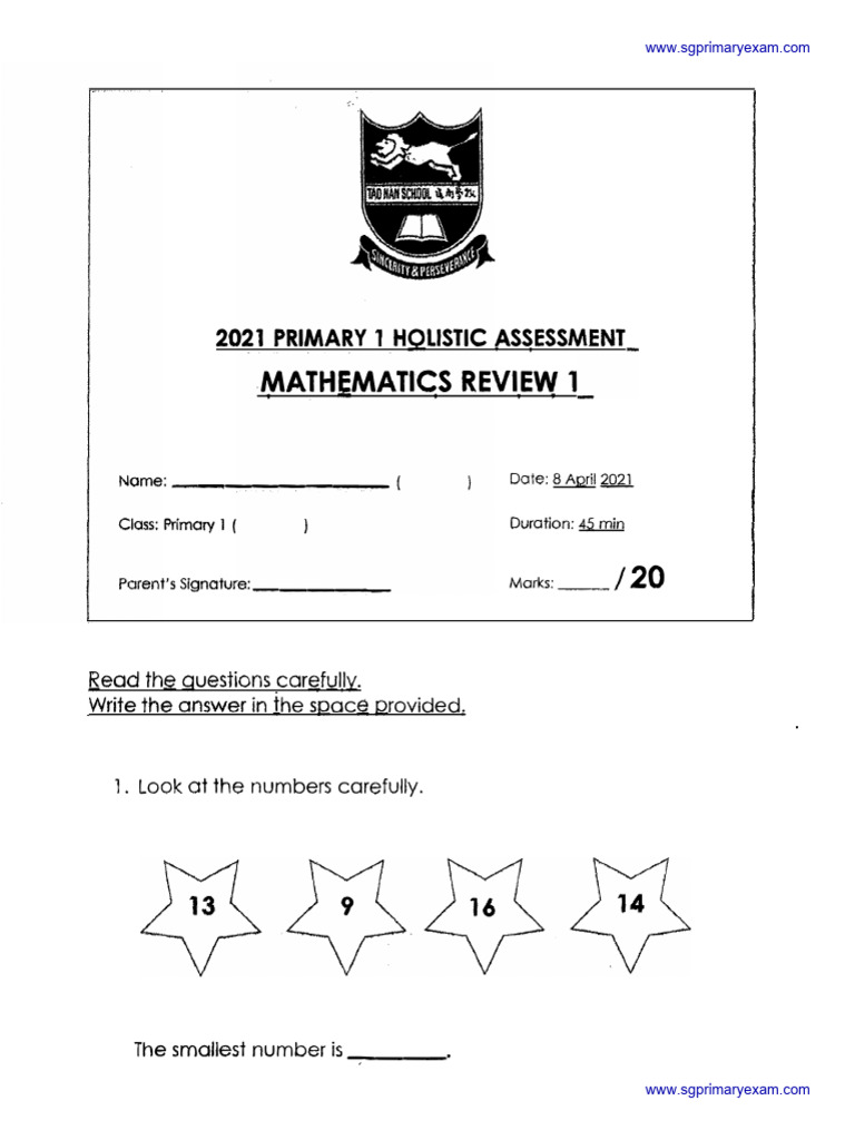 Primary 1 Mathematics Assessment 2021 | PDF