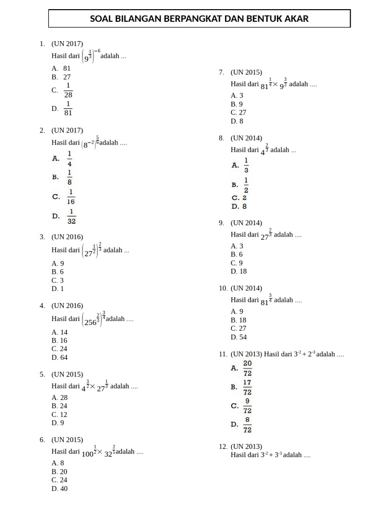 Soal Bilangan Berpangkat Dan Bentuk Akar | PDF