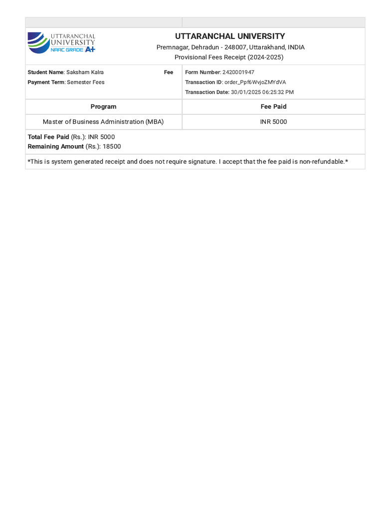 UTTARANCHAL UNIVERSITY MBA Fee Receipt 2024 | PDF