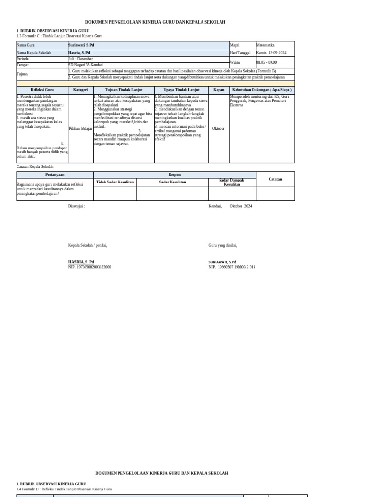 Form Observasi Kinerja Guru Suriawati Rengganis Form C Dan D | PDF