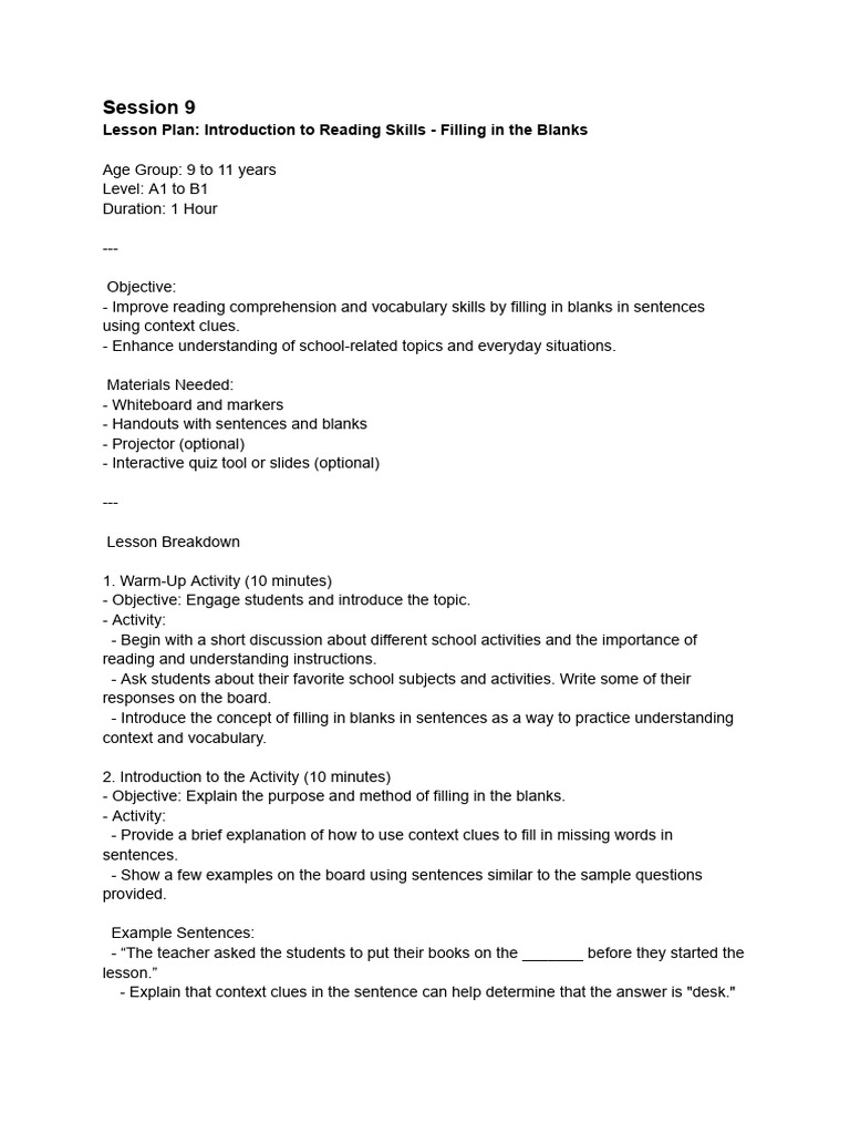Session 9 Lesson Plan - Introduction To Reading Skills - Filling in The ...