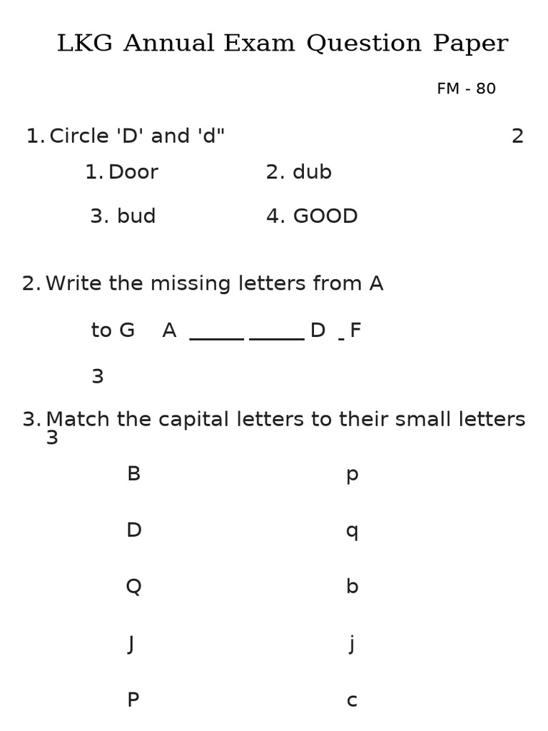 Final - LKG Eng Question Paper | PDF | Linguistics | Orthography