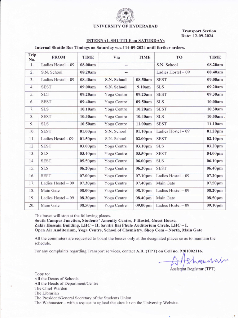 UOH Internal Shuttle (Bus Timings) - Saturdays | PDF | Bus Transport | Bus