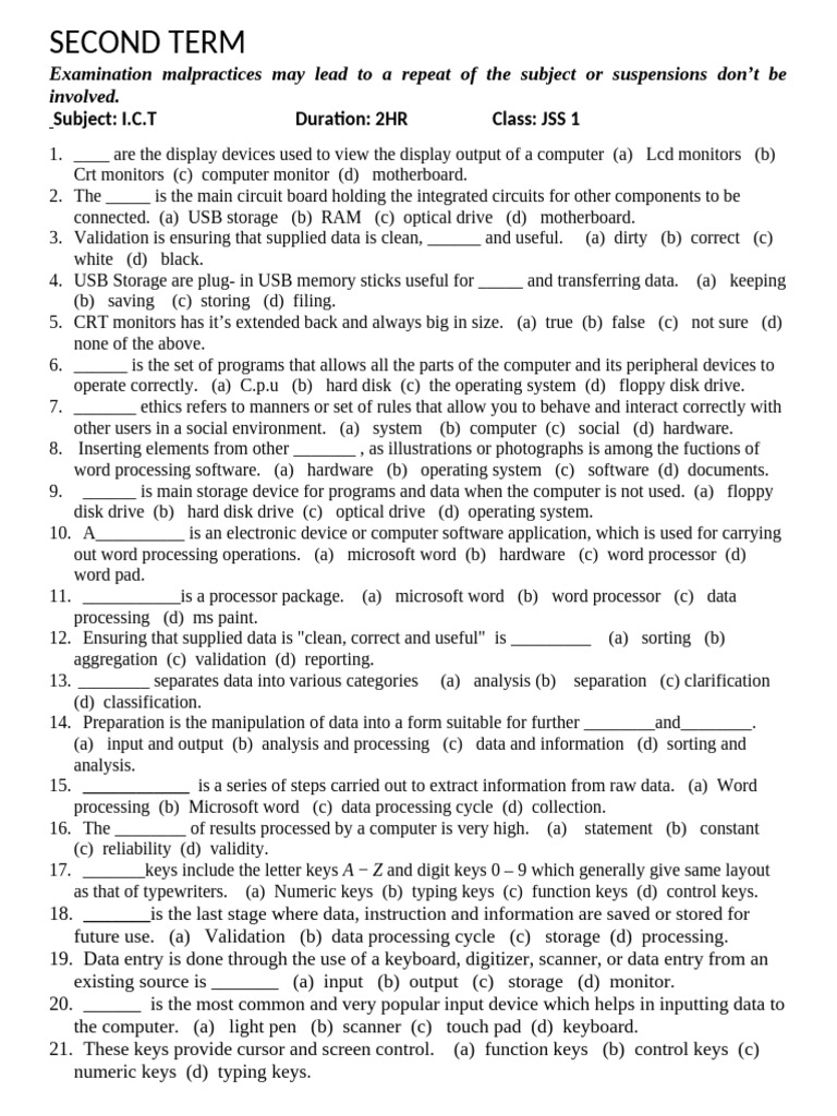Computer Jss 1 | PDF | Computer Data Storage | Computer Monitor
