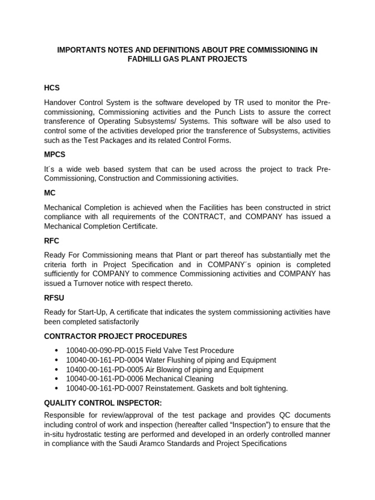 Impotants Notes Precommissioning Fadhili Project | PDF | Stainless ...