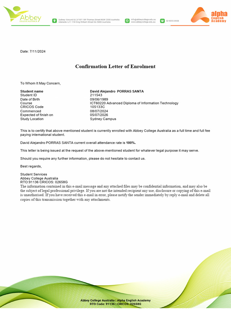 105133C - 1 - Confirmation Letter of Enrolments - 202411711610 | PDF
