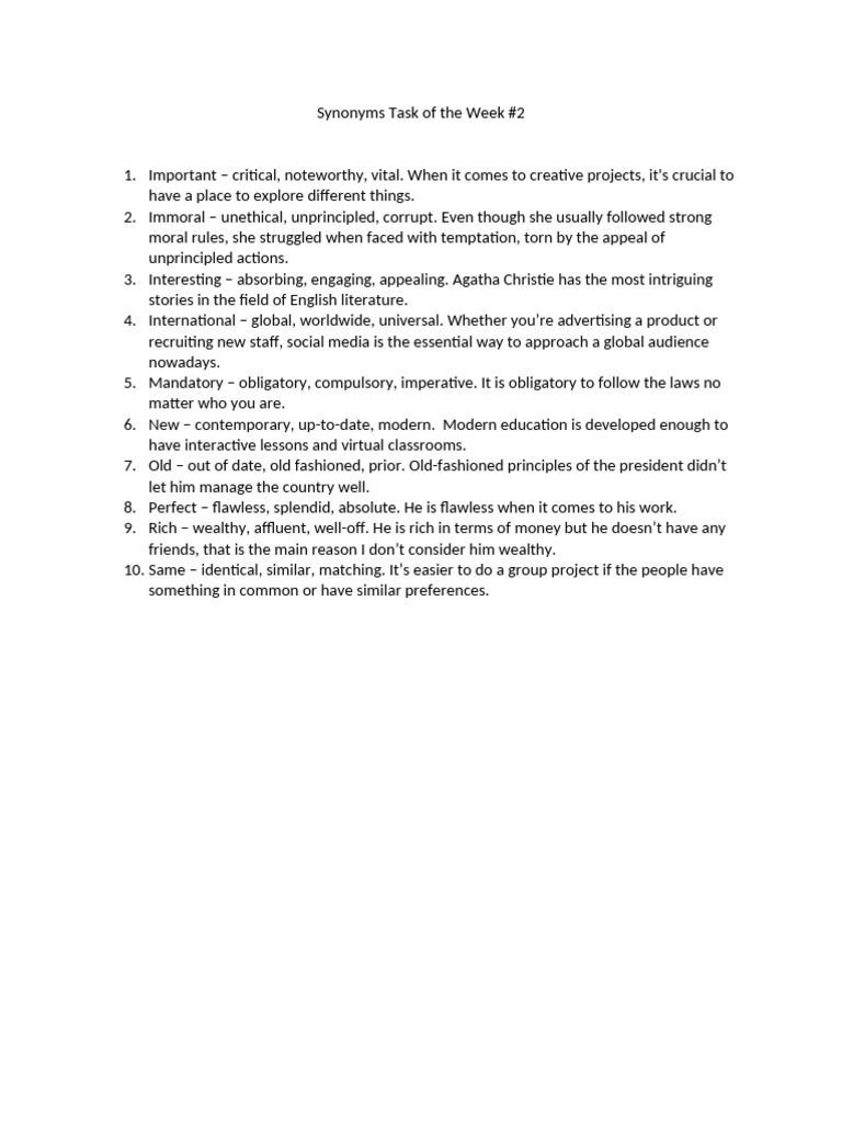 Synonyms Task of The Week #2 | PDF