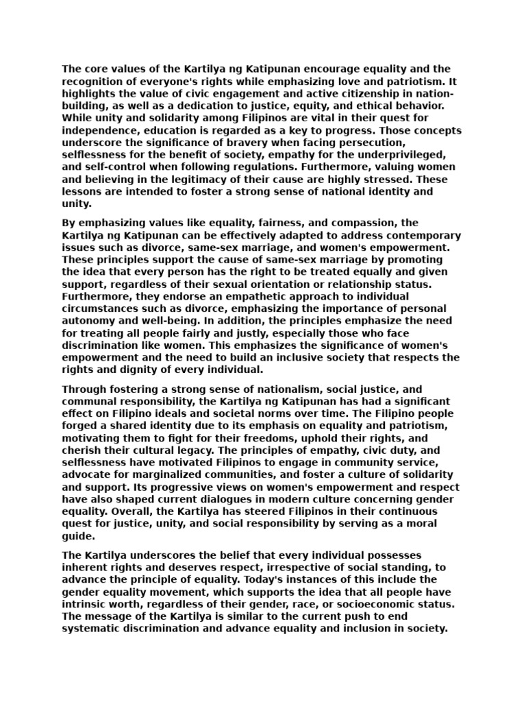 The Core Values of The Kartilya NG Katipunan Encourage Equality and The ...