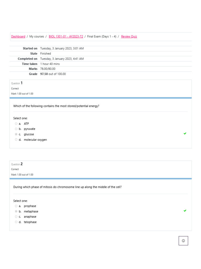 Biology Final Exam Review Quiz Results | PDF | Meiosis | Mitosis