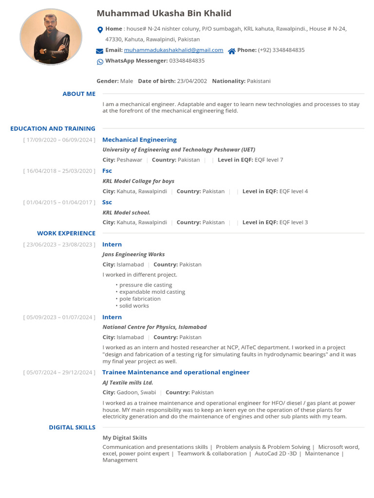 Muhammad Ukasha Bin Khalid CV | PDF | Engineering