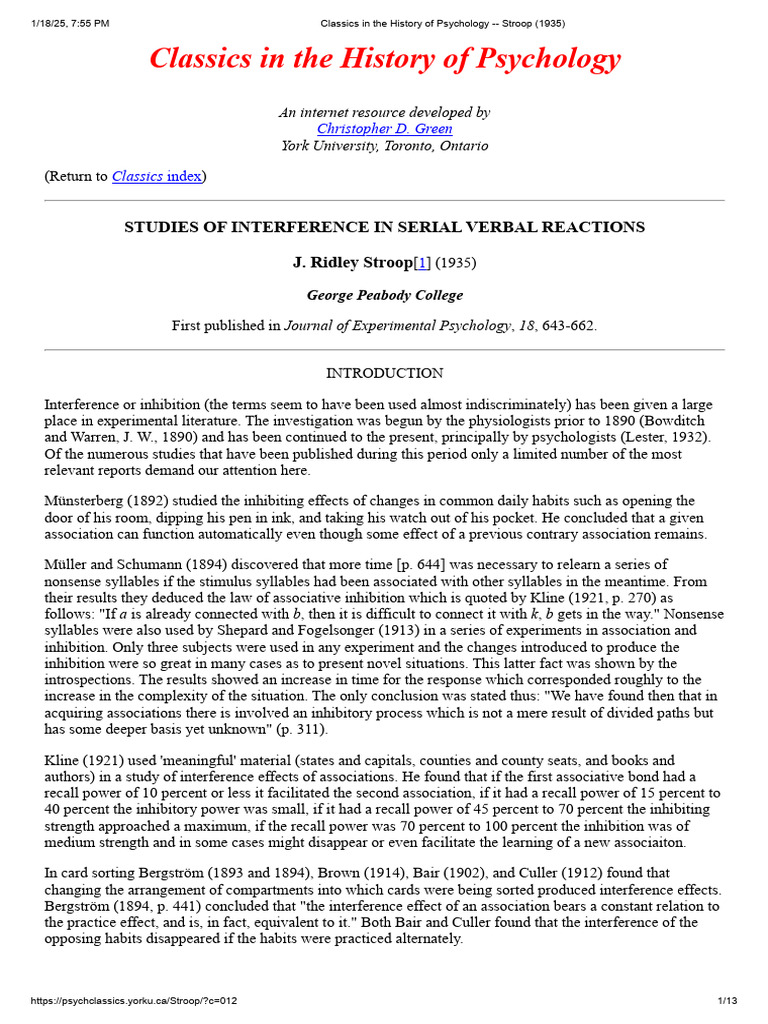Classics in The History of Psychology - Stroop (1935) | PDF | Variance | Standard Deviation