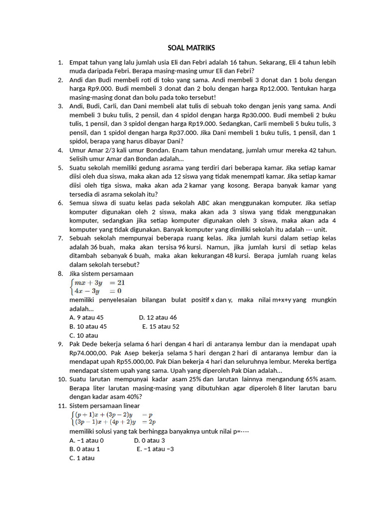 SOAL MATRIKS (MATEMATIKA LANJUT) KELAS XI | PDF
