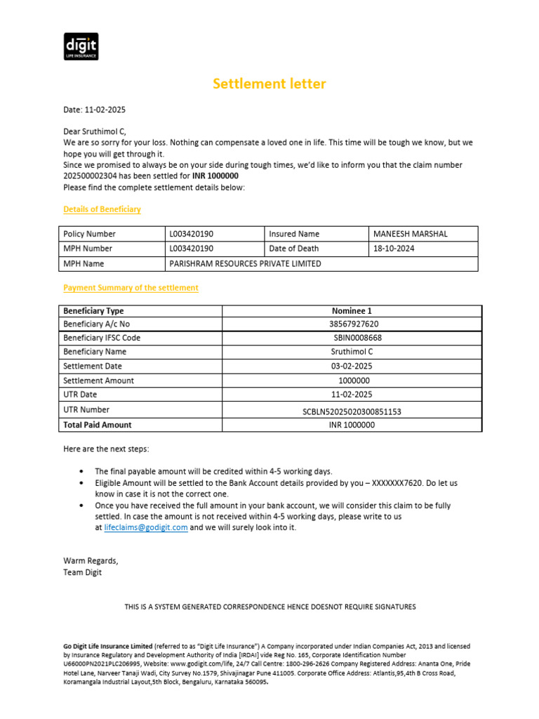 Settlement Letter - L003422288 - 202500002304 - MARSHAL MANEESH | PDF | Insurance | Life Insurance