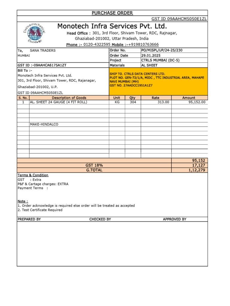 Purchase Order for AL Sheet to CTRLS Mahape | PDF