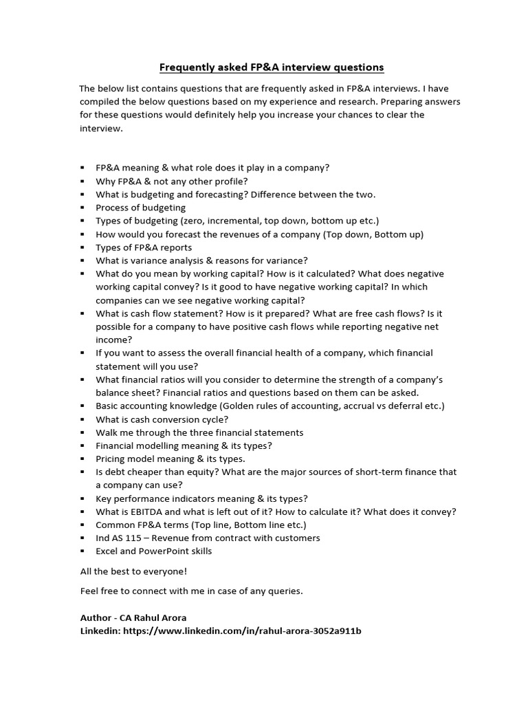 Frequently Asked FP&A Interview Questions | PDF