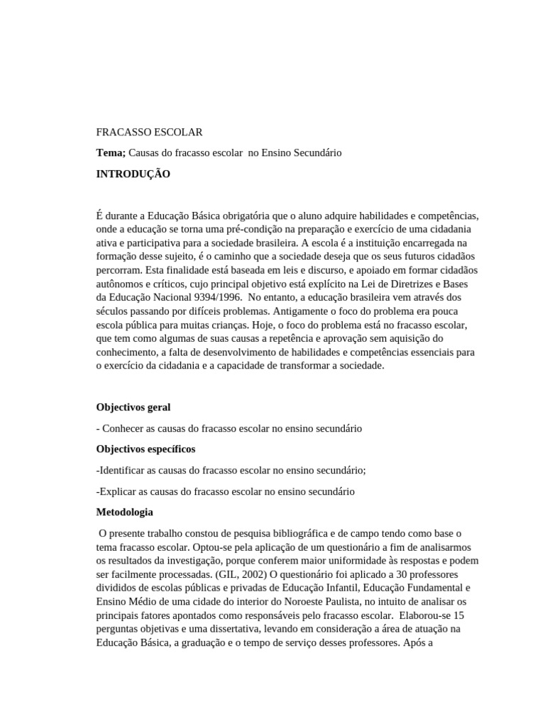 Causas do Fracasso Escolar no Ensino Secundário | PDF | Escolas ...