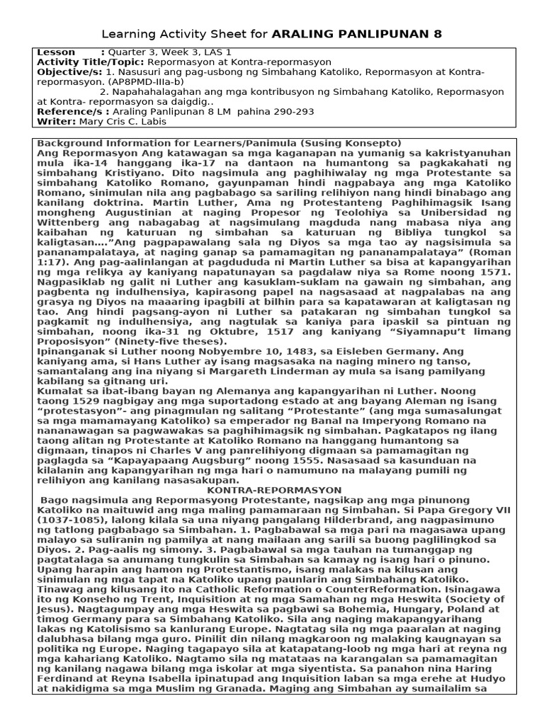 Ap8 Q3las-Repormasyon | PDF