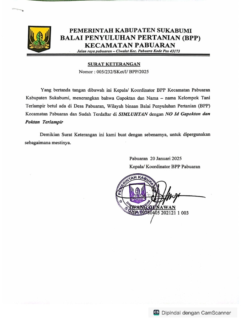 Surat Keterangan Terdaftar Simluhtan Kementrian Pertanian Desa Pabuaran ...